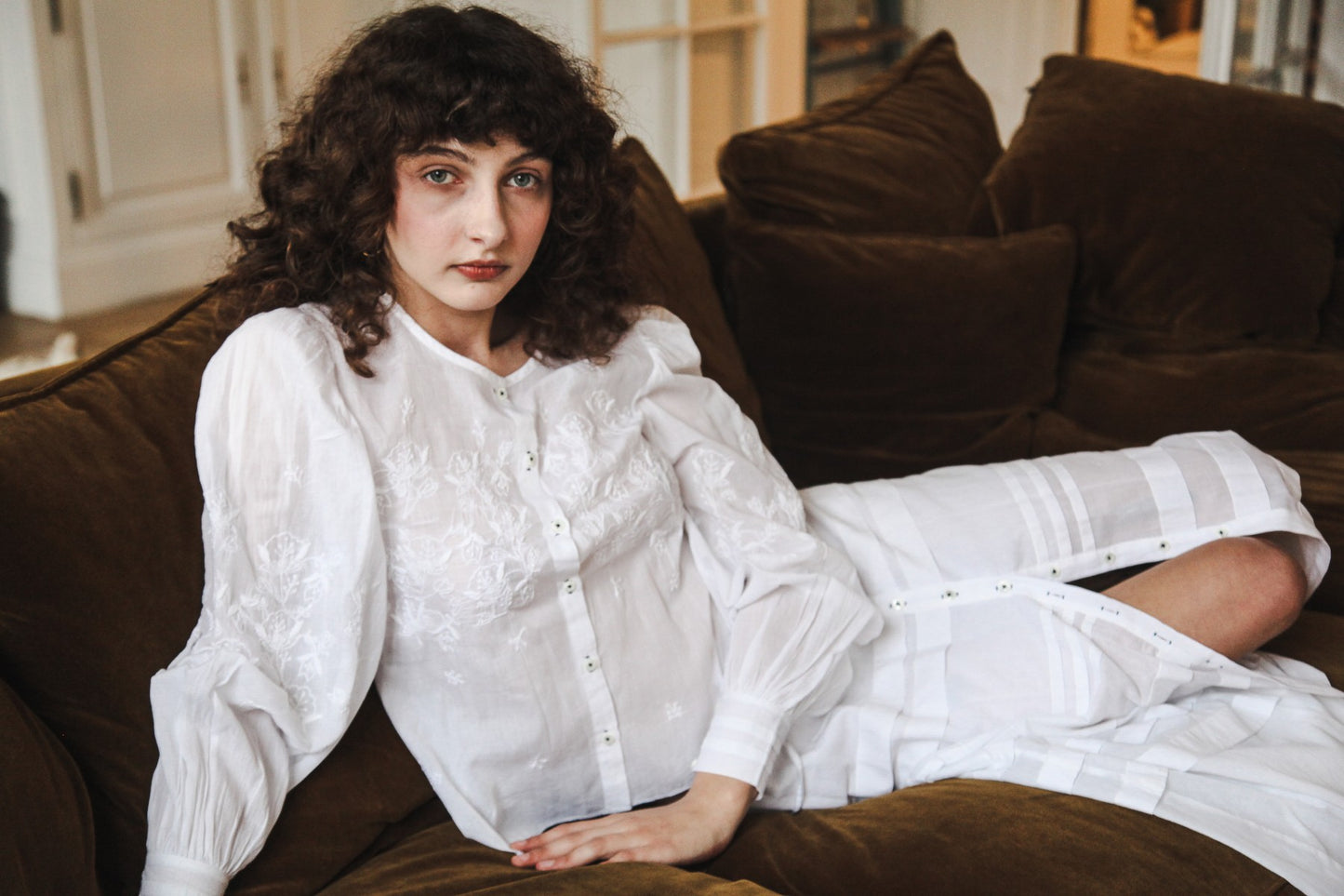 French White Embroidered Blouse With Pleats - Audrey – Lily Pond